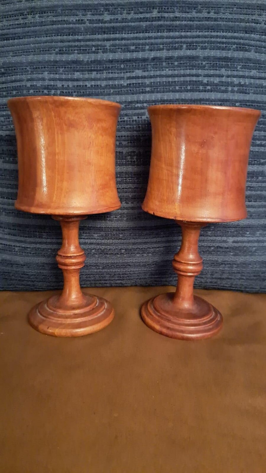 Vintage Wood Goblets Set of 2, Flared Edge Design, Carved Wood Goblets ...
