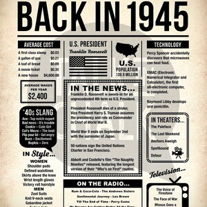 Back In 1945 PRINTABLE Newspaper Poster 75th Birthday Sign | Etsy