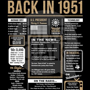 Back in 1951 PRINTABLE Gold Poster PRINTABLE 1951 Birthday - Etsy Canada