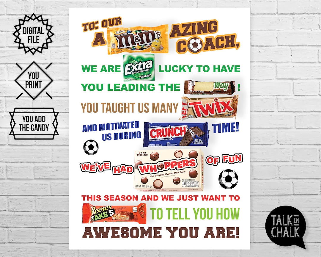 Soccer Coach PRINTABLE Candy Poster End of the Season Gift - Etsy