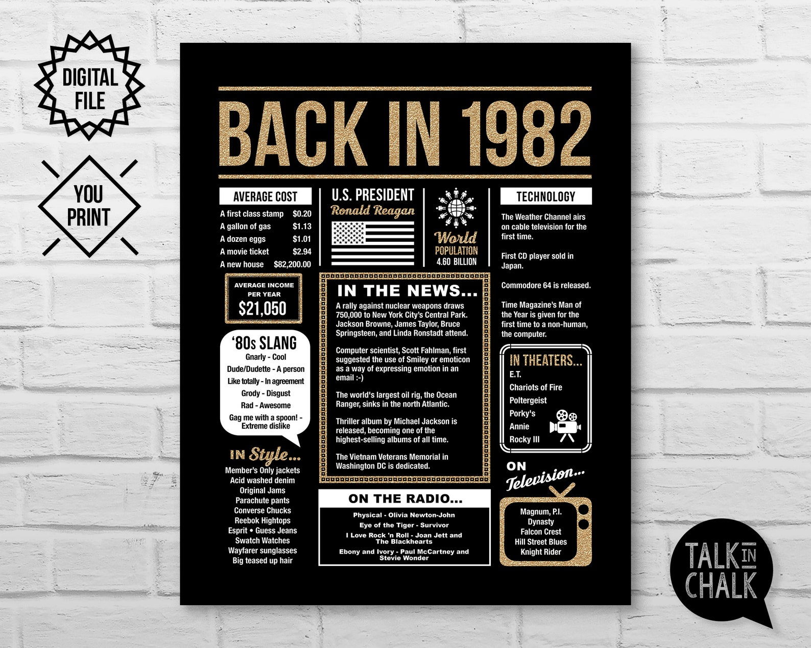 Back in 1982 Black and Gold PRINTABLE Poster PRINTABLE 1982 - Etsy
