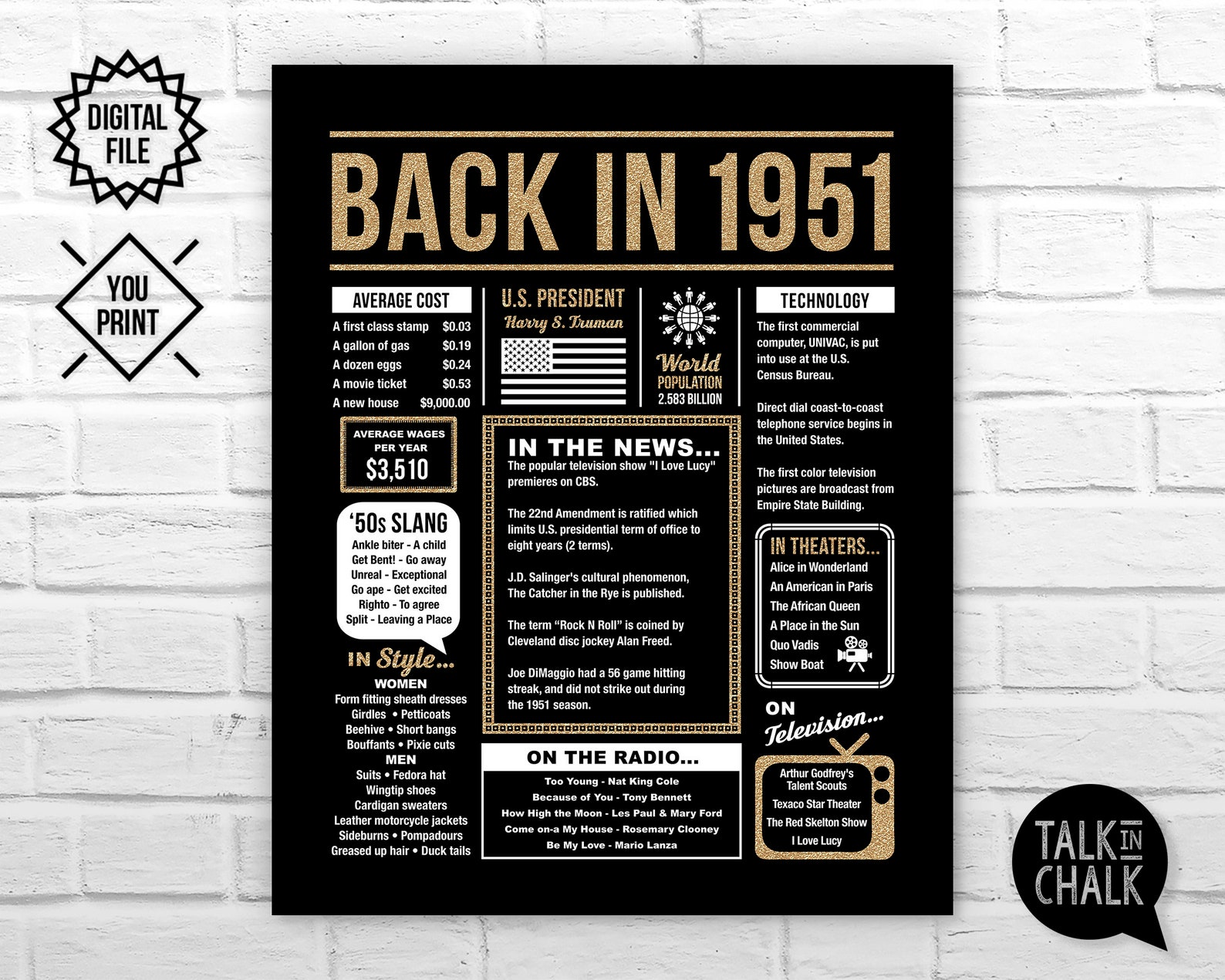 Back In 1951 PRINTABLE Gold Poster PRINTABLE 70th Birthday | Etsy