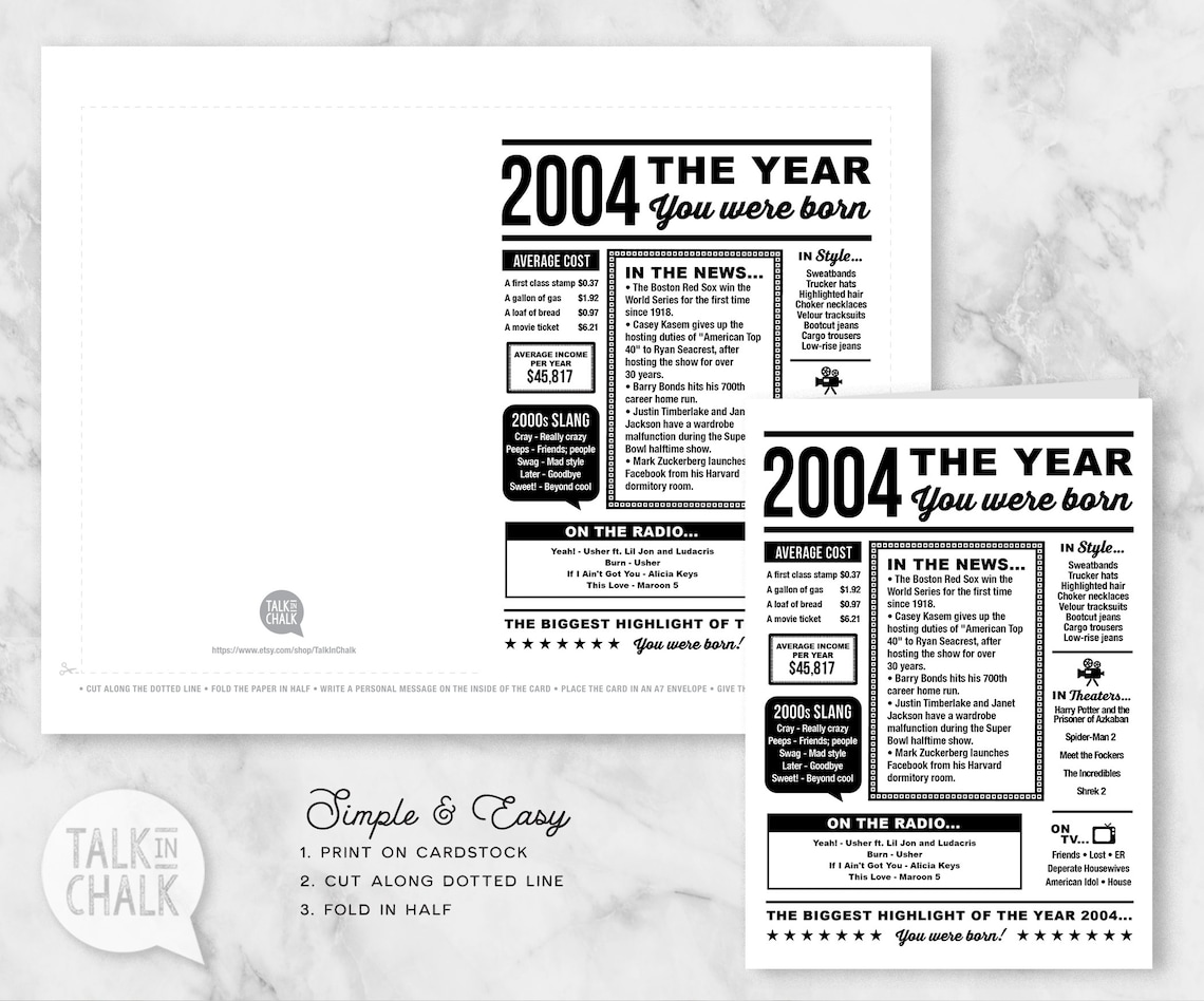 2004 Year You Were Born PRINTABLE Birthday Card PRINTABLE | Etsy