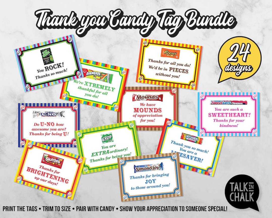 PRINTABLE Thank You Candy Tag Bundle 24 Candy Gift Tags Designs Teacher ...