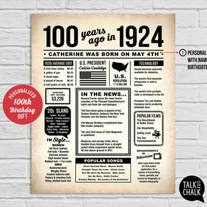 Personalized 100th Birthday PRINTABLE Newspaper Poster 100 Years Ago ...