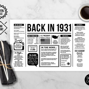 Back in 1931 PRINTABLE Placemat PRINTABLE Party Decorations Back in ...