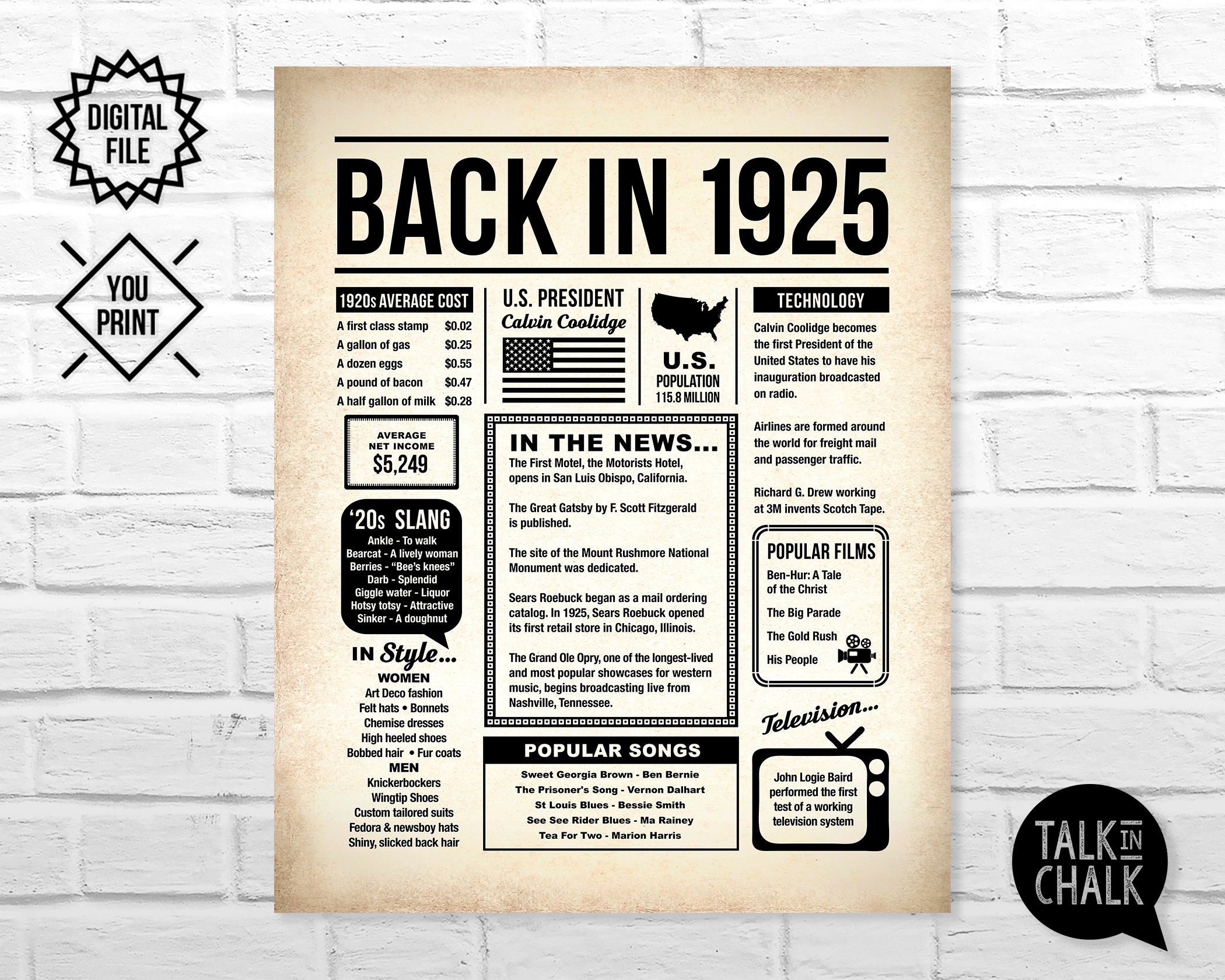 Back in 1925 PRINTABLE Newspaper Poster 1925 DIGITAL - Etsy Australia