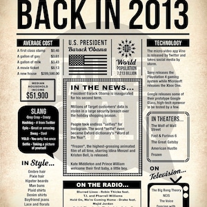 Back in 2013 Newspaper Poster PRINTABLE Born in 2013 DIGITAL Birthday ...