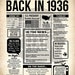 Back in 1936 PRINTABLE Newspaper Poster 1936 DIGITAL Birthday Sign Year ...