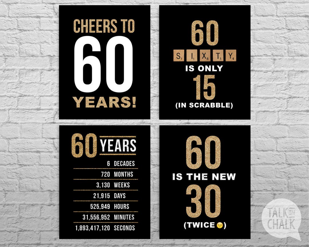 60th Birthday PRINTABLE Black and Gold Sign Pack 60th Birthday DIGITAL ...