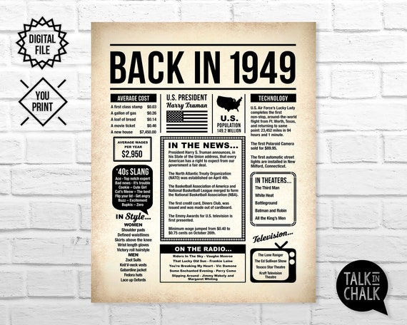 Back in 1949 PRINTABLE Newspaper Poster PRINTABLE Birthday | Etsy Canada