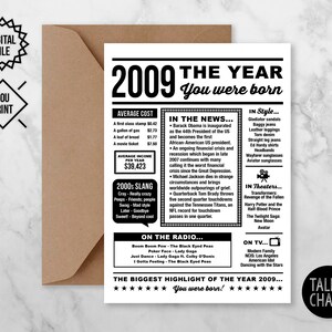 2009 Year You Were Born PRINTABLE Birthday Card PRINTABLE Card for 16th ...