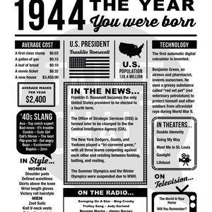 1944 the Year You Were Born PRINTABLE Born in 1944 80th Birthday Party ...
