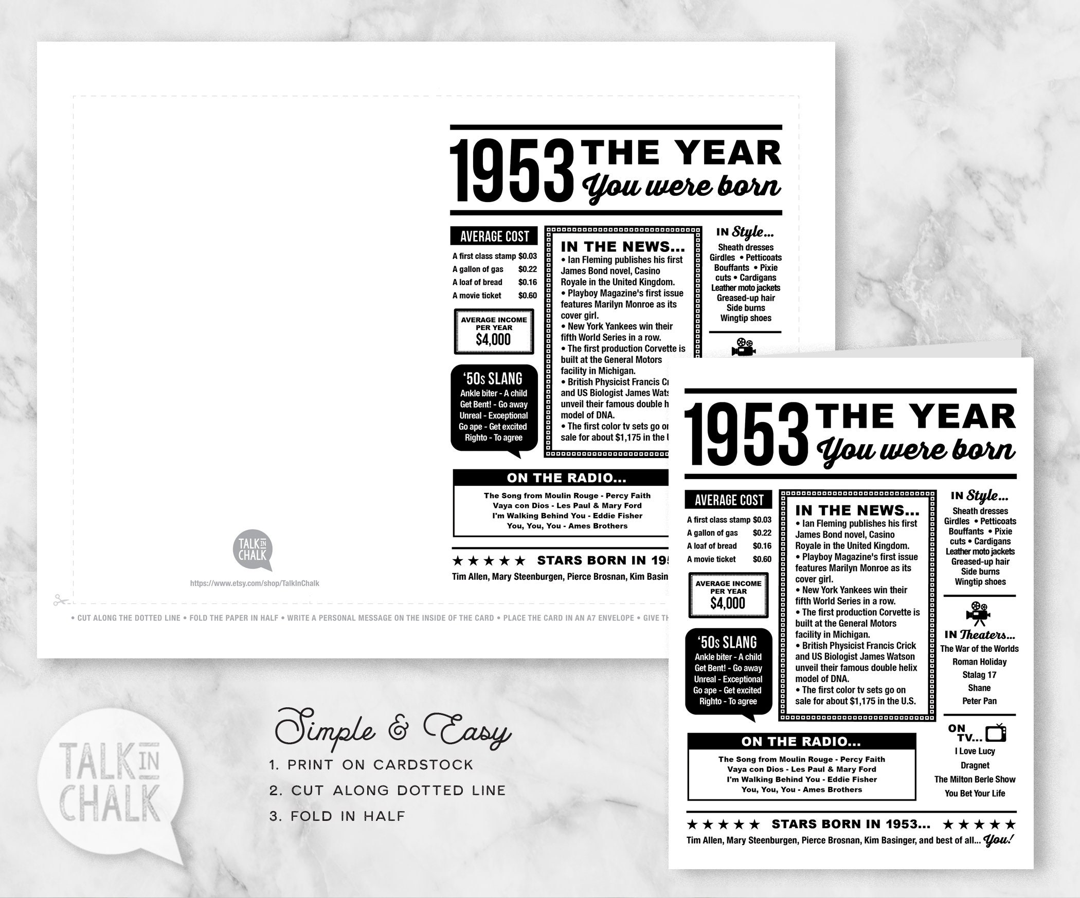 1953 Year You Were Born PRINTABLE Birthday Card 70th - Etsy UK