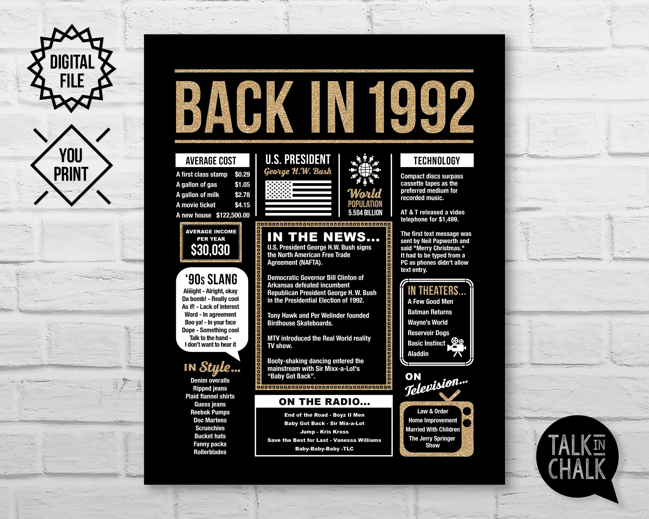 Back in 1992 Black and Gold PRINTABLE Poster PRINTABLE 30th - Etsy UK