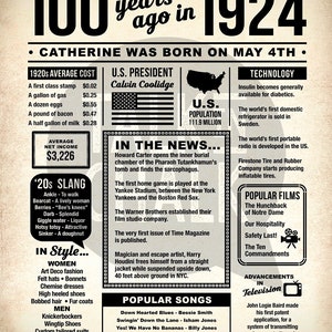 Personalized 100th Birthday PRINTABLE Newspaper Poster 100 Years Ago ...