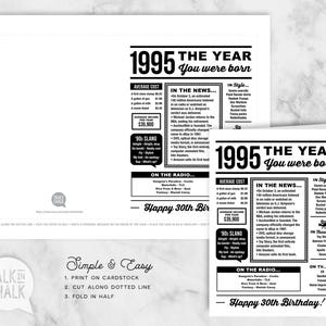 1995 Year You Were Born PRINTABLE Birthday Card 30th Birthday PRINTABLE Postcard Last Minute ...