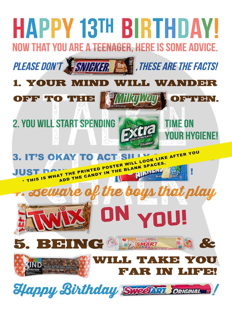 13th Birthday PRINTABLE Candy Poster for Daughter - Etsy UK