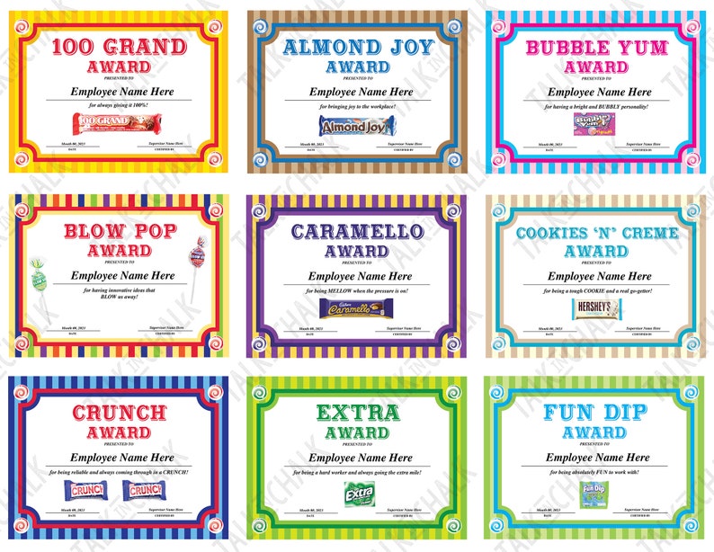 PRINTABLE Employee Candy Bar Award Certificates EDITABLE - Etsy