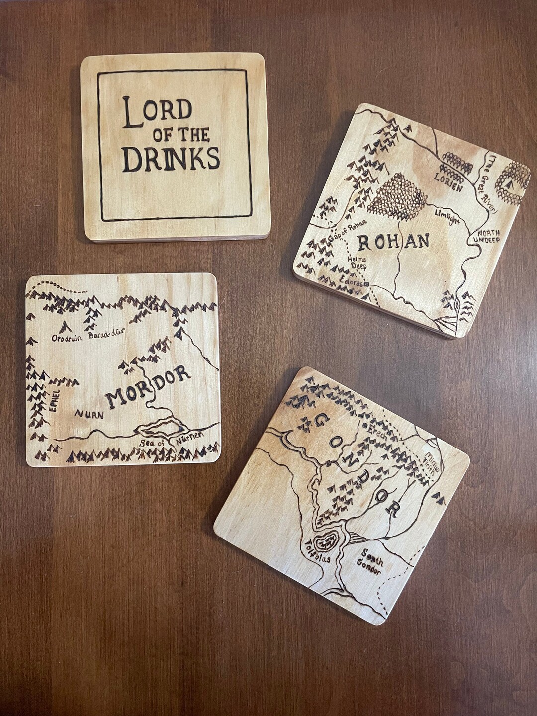 Lord of the Drinks - LOTR Fantasy Map Wood Burned Coaster Set - Etsy