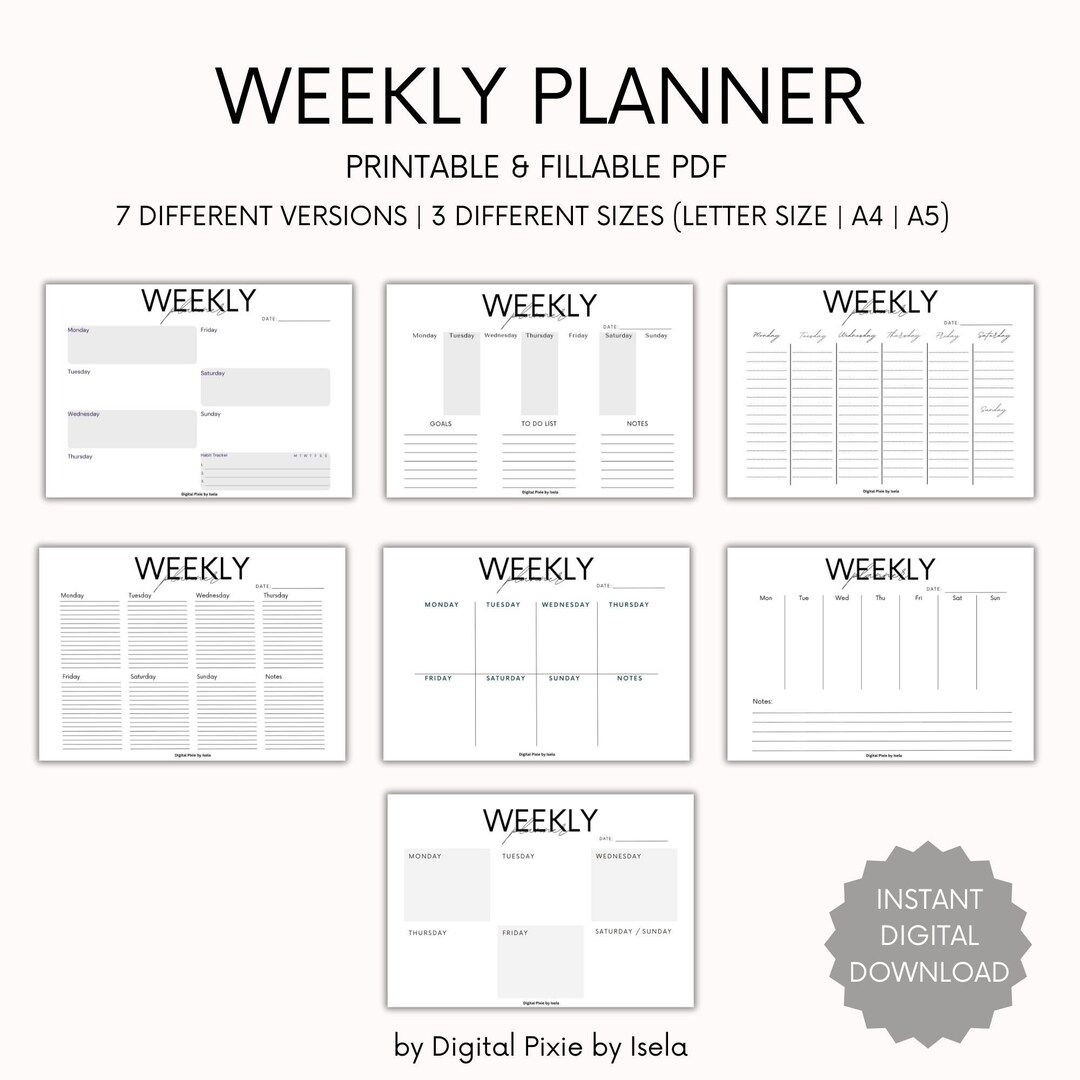 Weekly Planner Printable, Fillable Weekly Planner Printable, Agenda ...