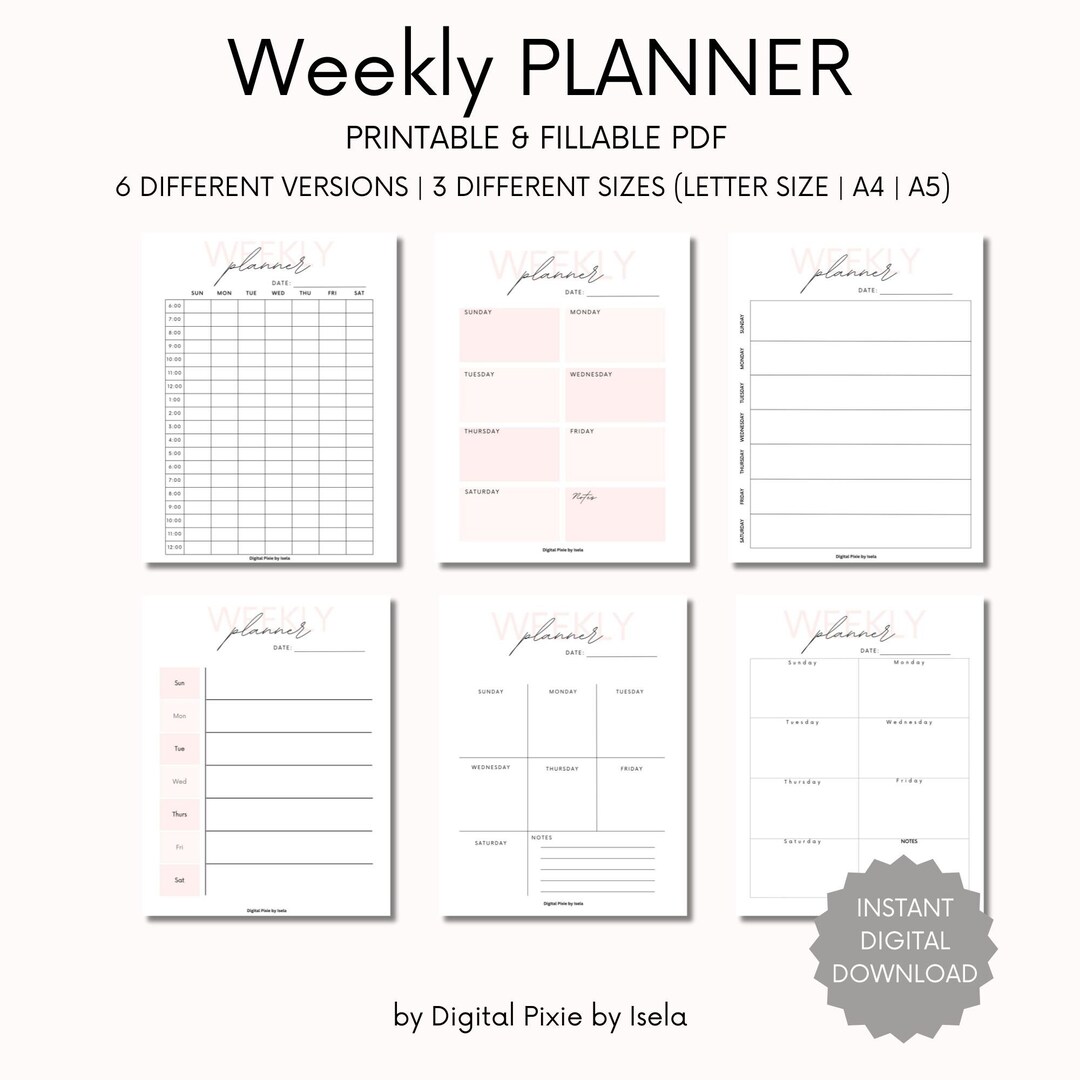 Weekly Planner Printable, Fillable Weekly Planner Printable, Agenda ...