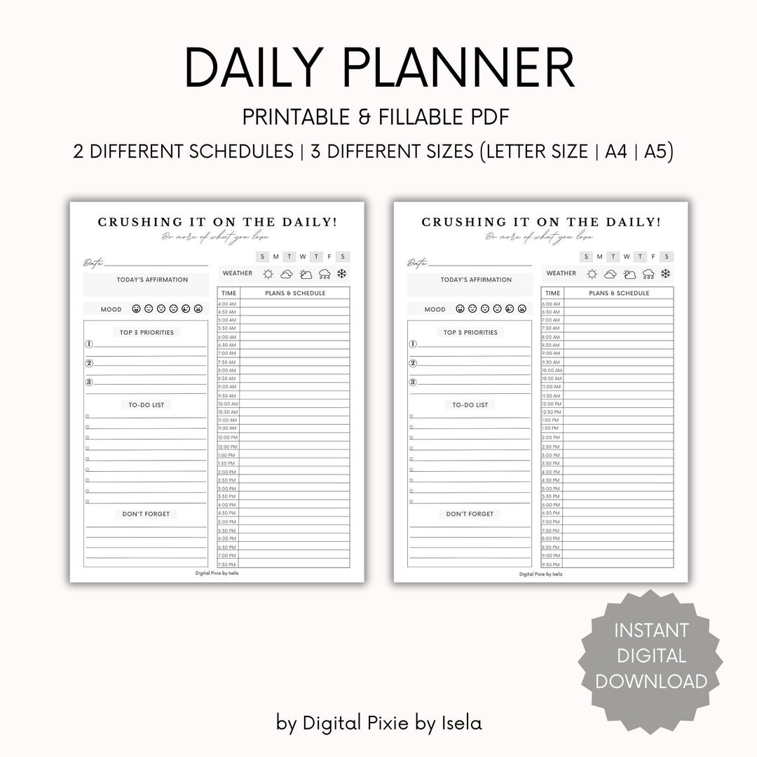 Daily Hourly Planner, Fillable Daily Hourly Planner Printable ...