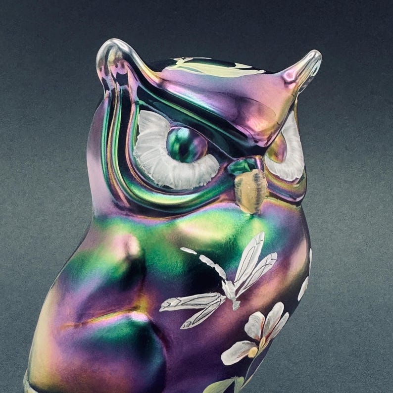 RARE Fenton Iridescent Owl Signed Frank & Ryan Fenton Hand Painted J ...
