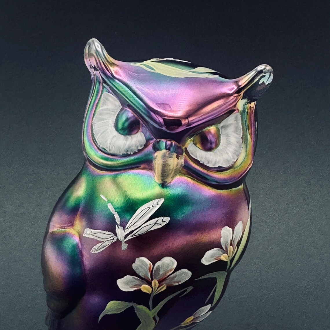 RARE Fenton Iridescent Owl Signed Frank & Ryan Fenton Hand Painted J ...