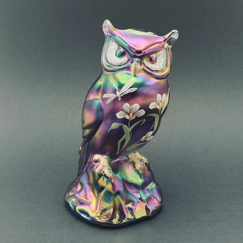 RARE Fenton Iridescent Owl Signed Frank & Ryan Fenton Hand Painted J ...
