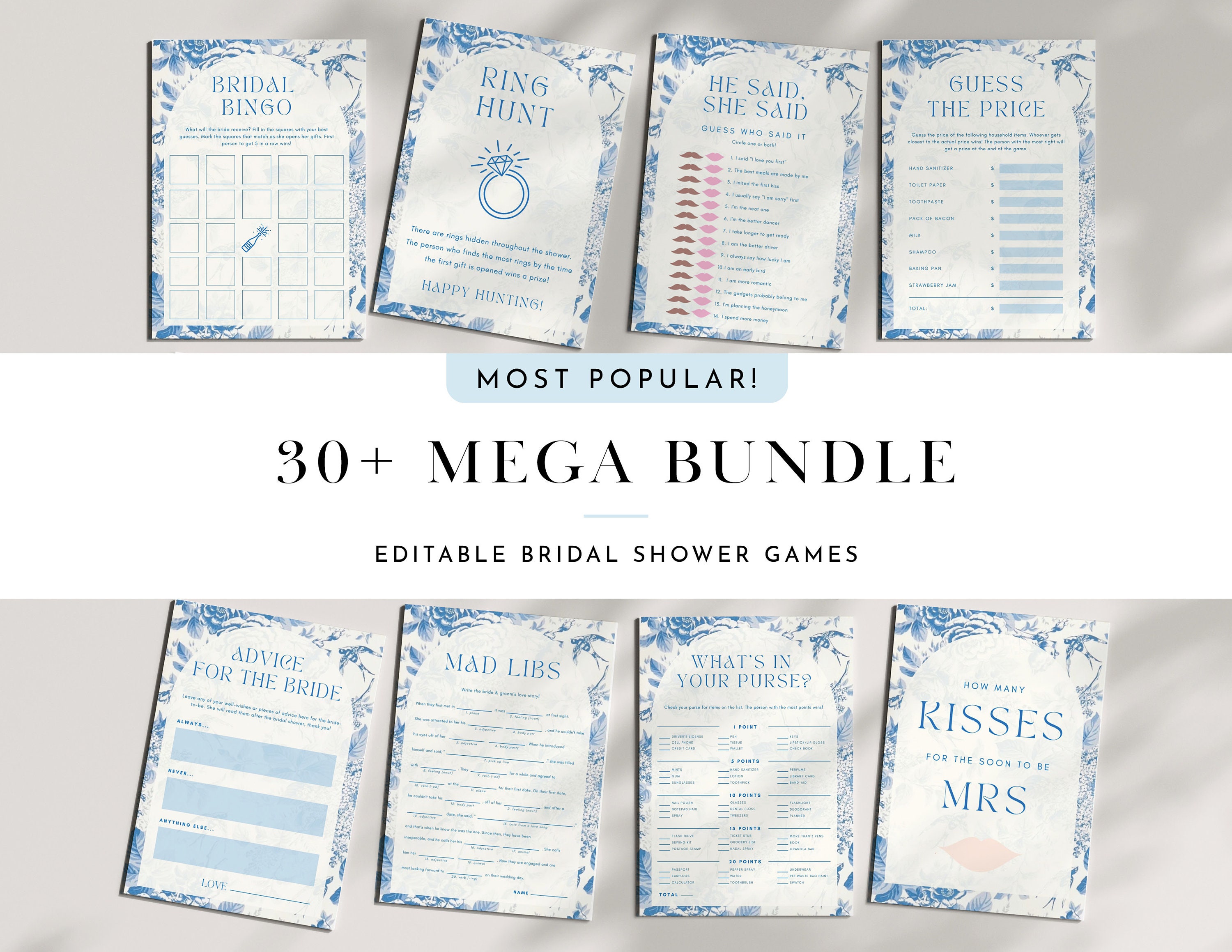 30 Printable Bridal Shower Game Bundle Blue Floral Bridal - Etsy Australia