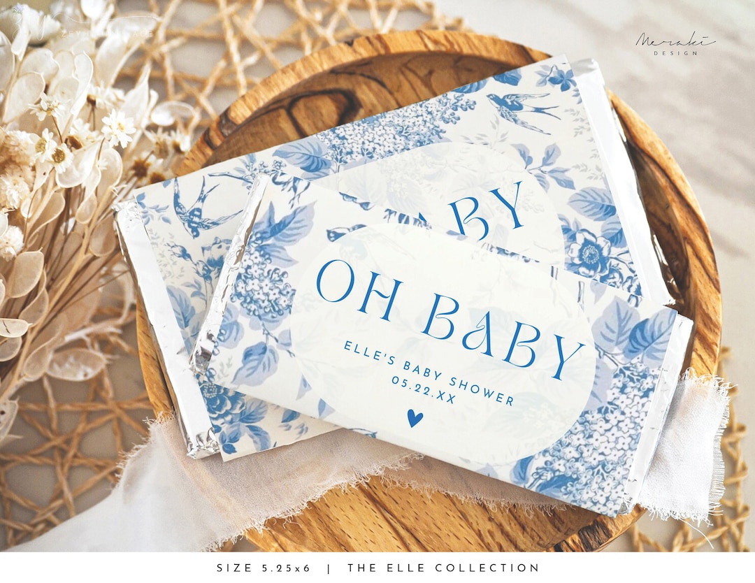Blue Floral Chocolate Bar Wrapper Template Boy Baby Shower Editable ...