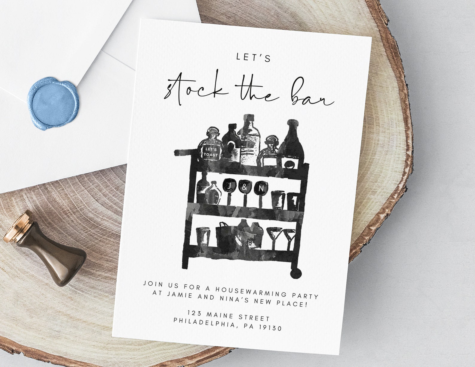 Stock the Bar Housewarming Invitation, Minimalist Template (editable in ...