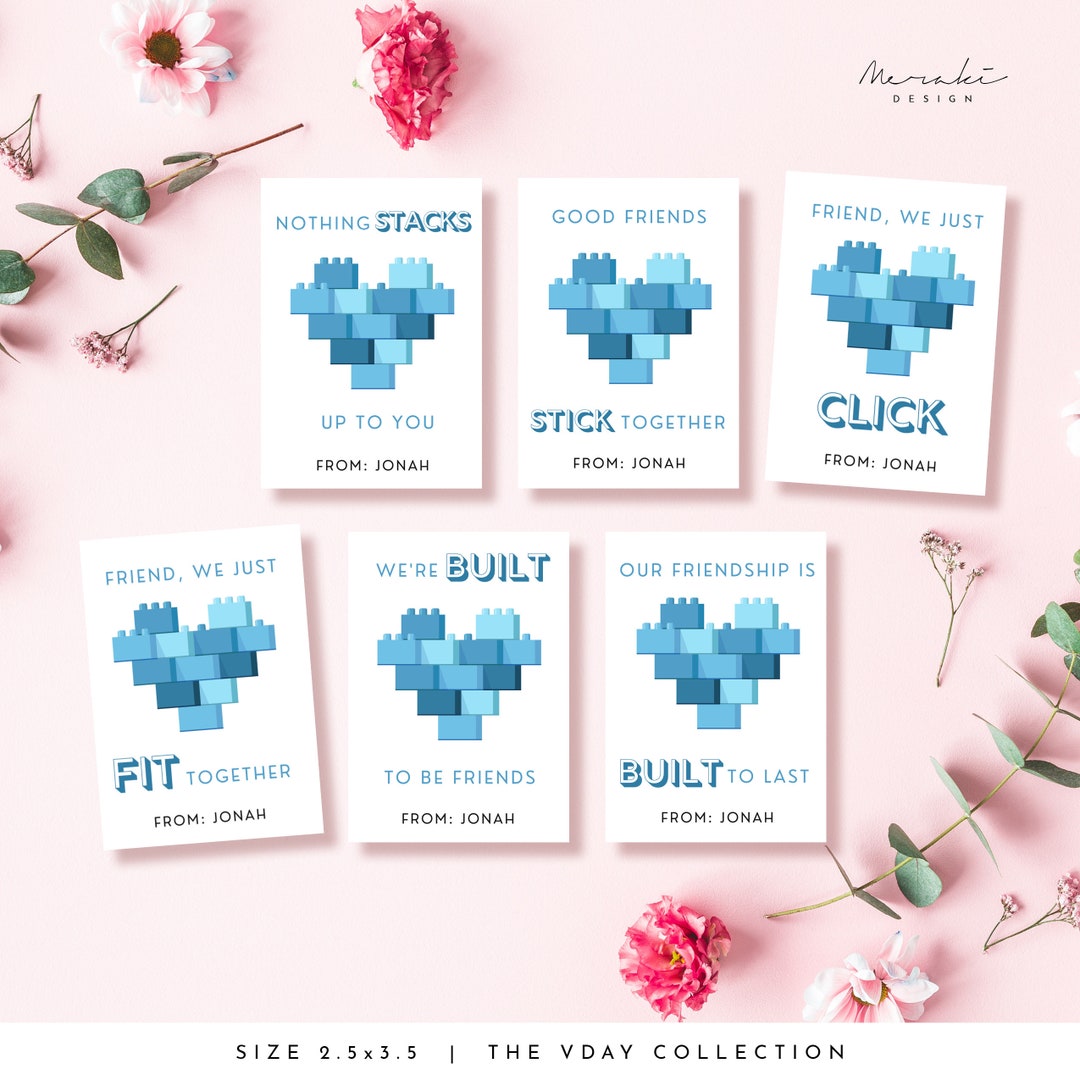 Kids Valentine Cards Blue Building Blocks Bricks Valentines Stackable ...