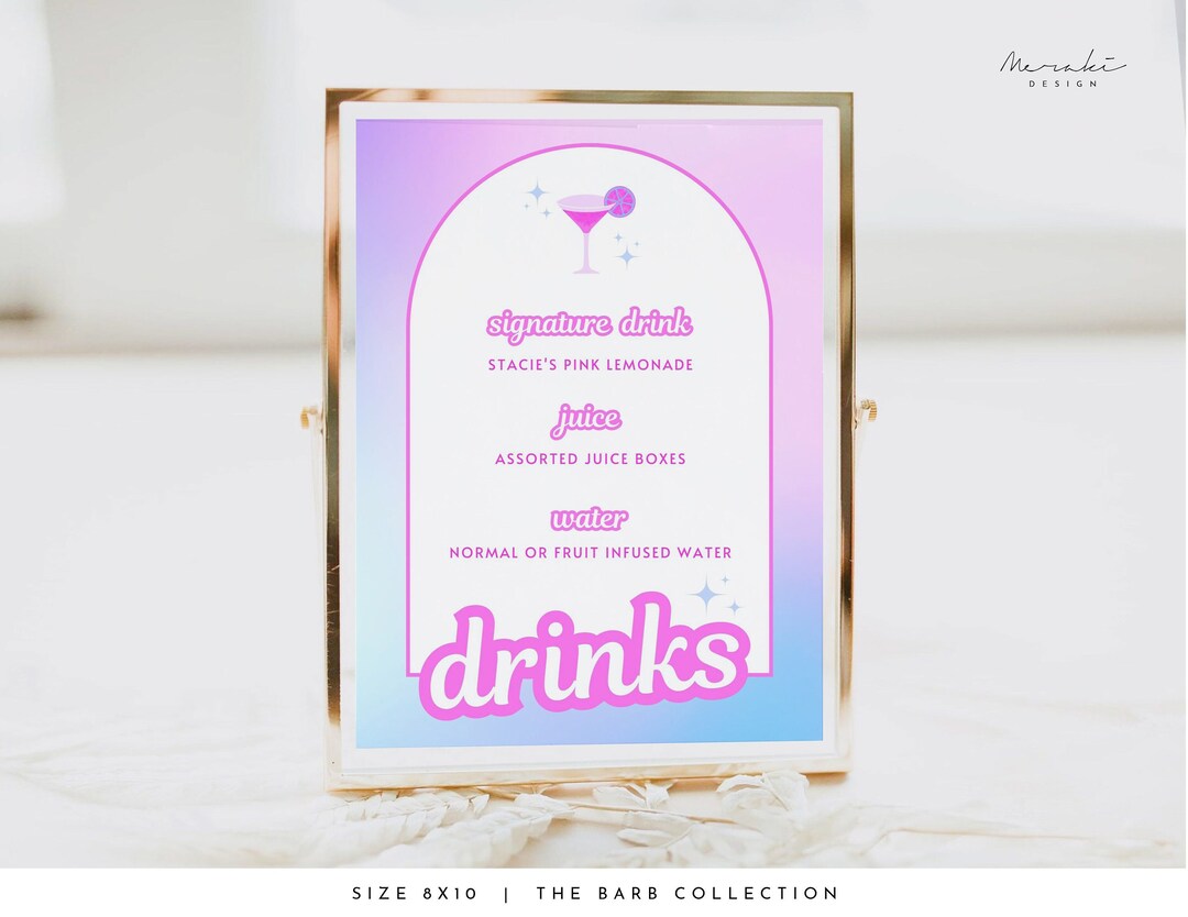 Barb Doll Kids Drinks Menu Template Retro Barb Party Drinks Menu Girls ...