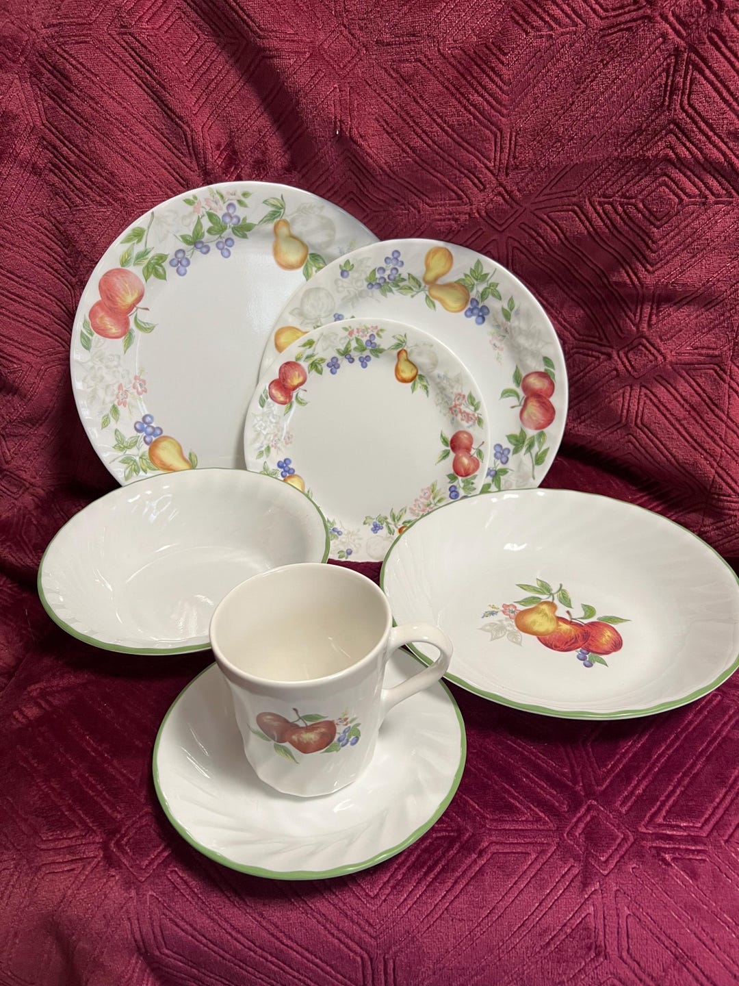 Corning Ware Corelle Chutney Fruit Border Swirl - 7 Piece Place Setting ...