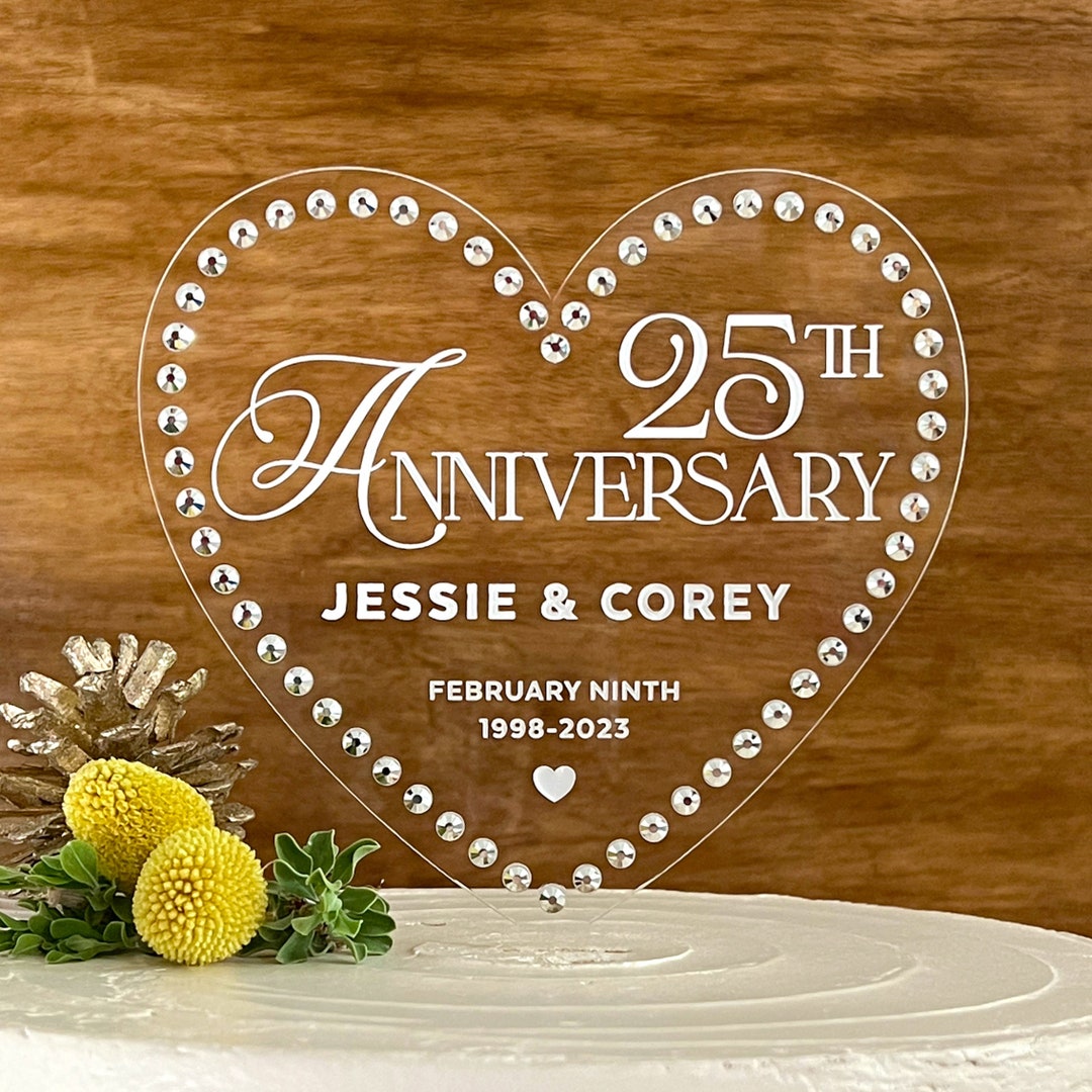 25th Anniversary Cake Topper With Names and Rhinestones Silver ...