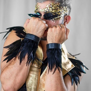 Feather Cuff, Black Leather Bracelet, Mad Max Festival Gauntlet ...