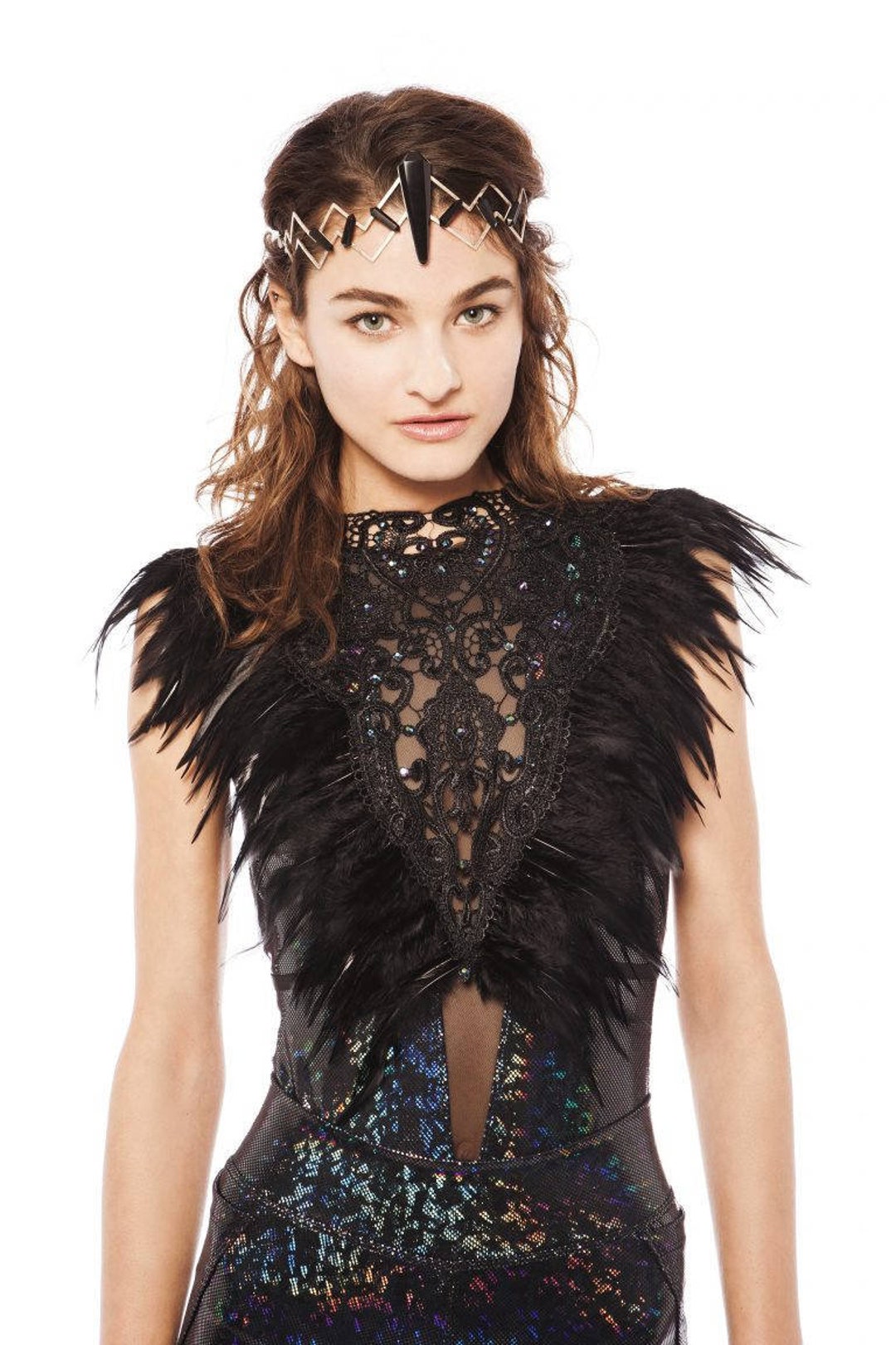 Black Lace Feather Bralette Rhinestone Embellished Top, Festival Rave ...