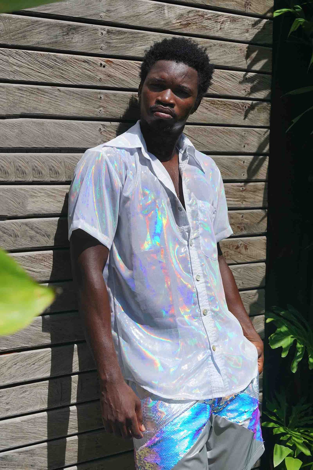 White Button up Shirt Holographic Shirt Casual Button Down Shirt ...