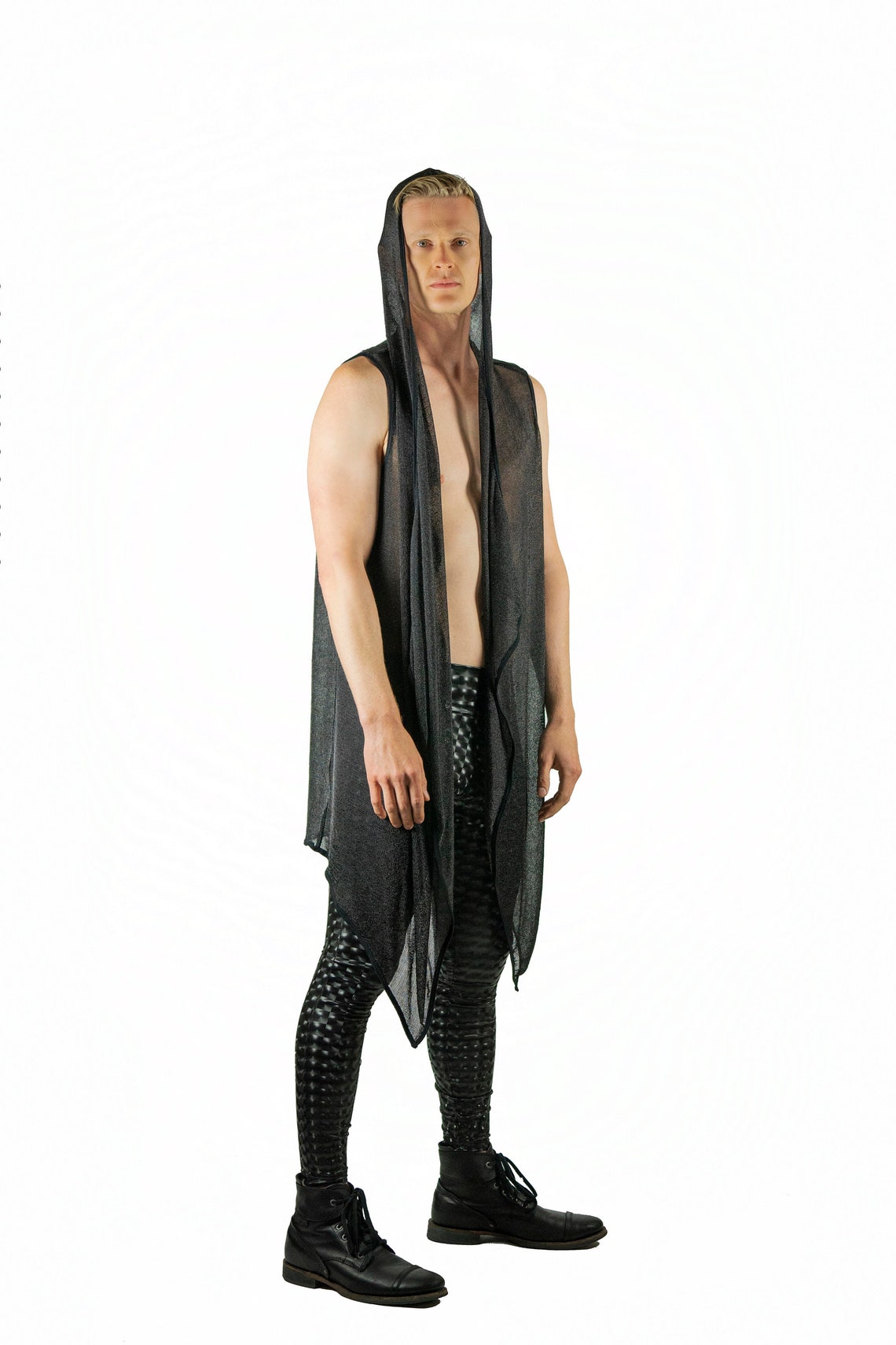 Black Metallic Chainmail Hoodie Long Kimono Vest Techwear | Etsy