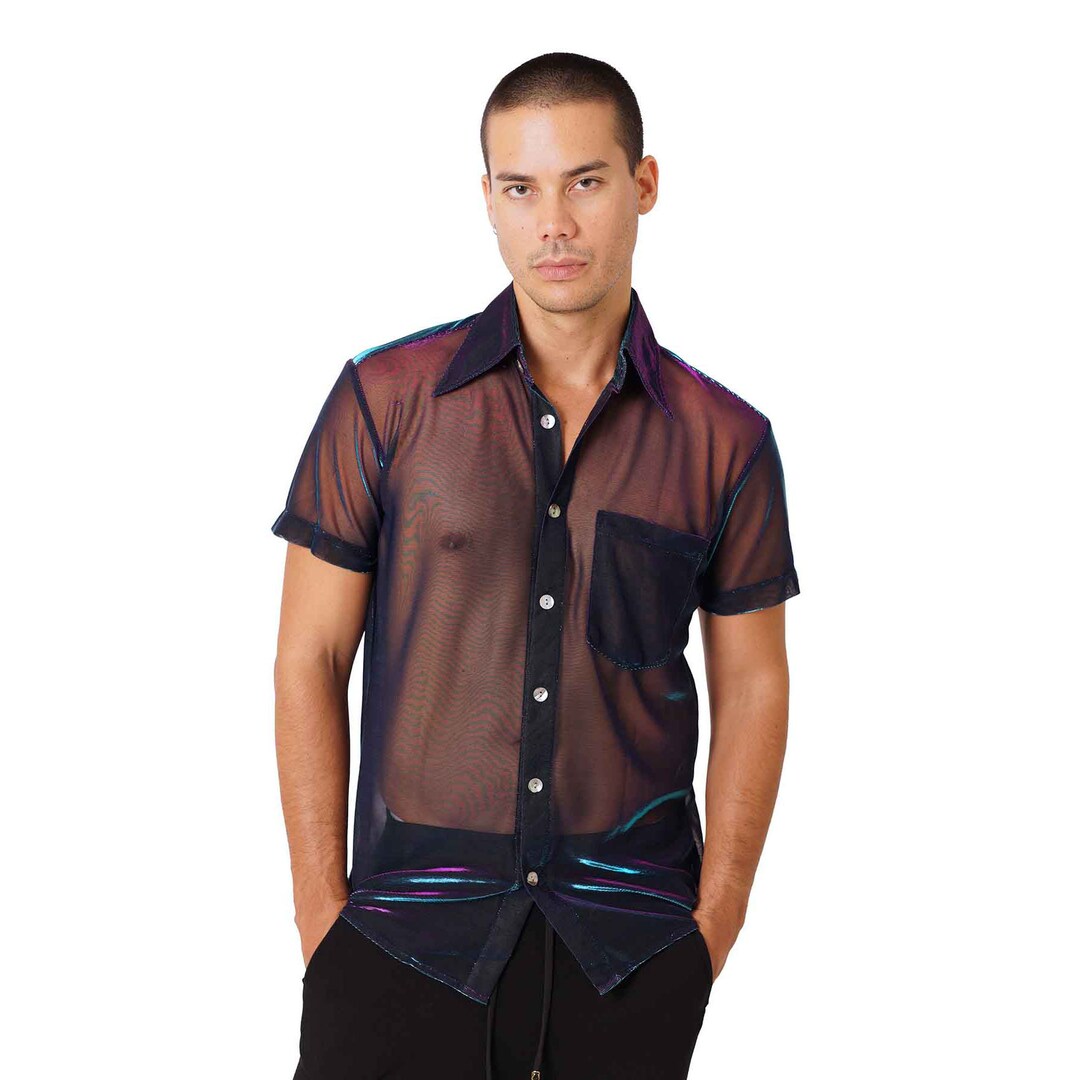 Sheer Button up Shirt Iridescent Shirt Mens Rave Shirt Sexy Mens Shirt ...