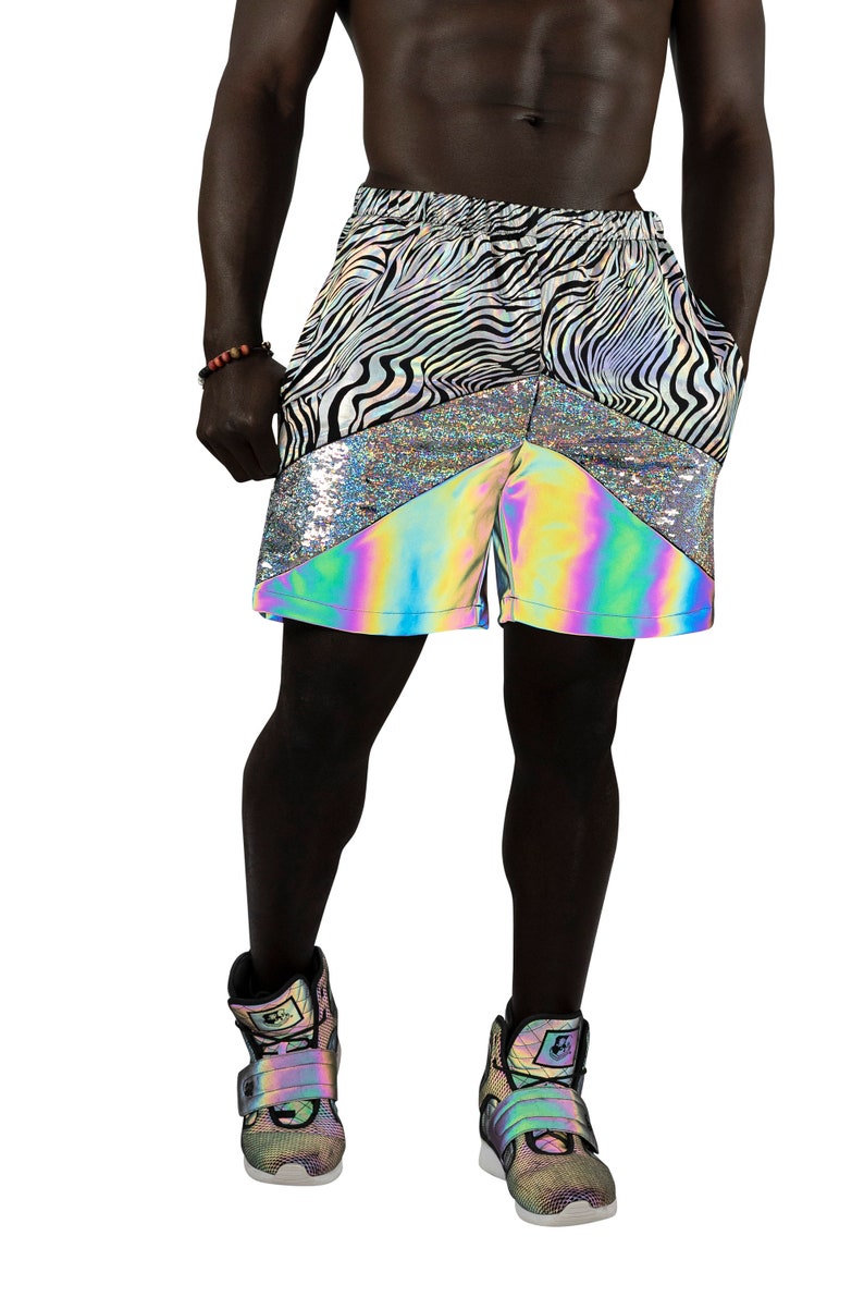 Zebra Print Holographic Shorts Reflective Shorts EDC Outfit Sparkly ...