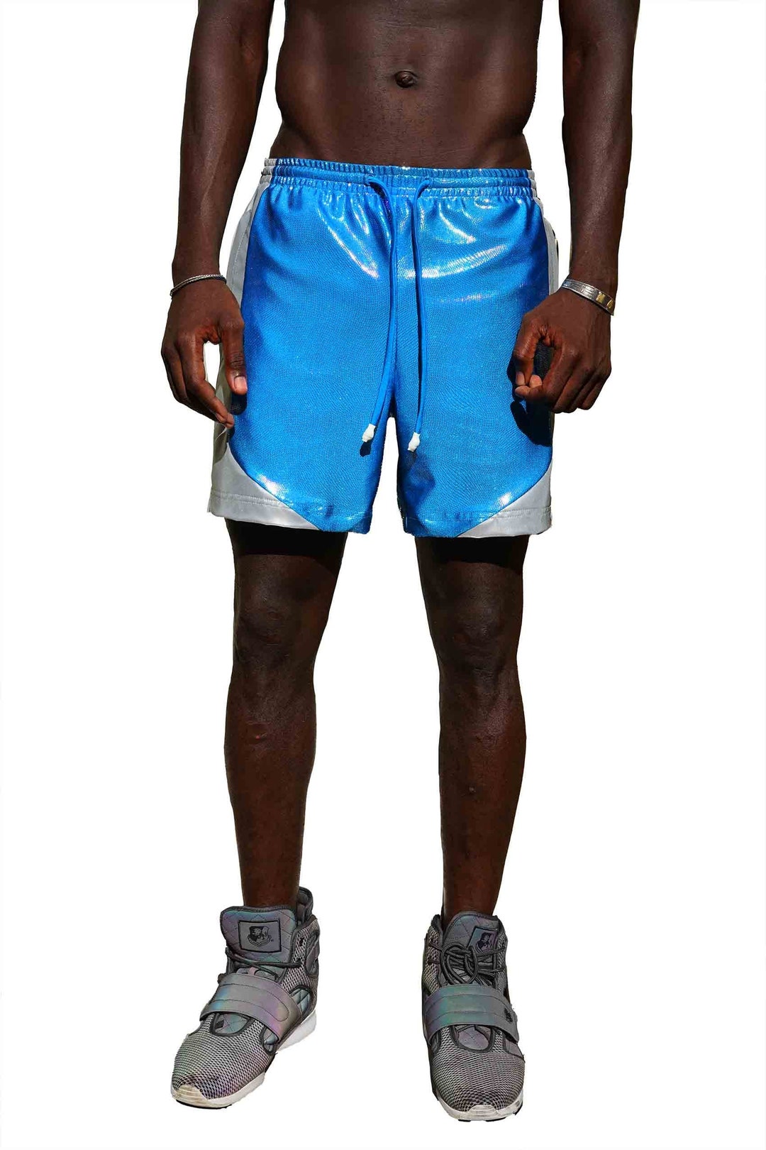 Mens Blue Shorts Iridescent Shorts Silver Reflective Shorts Basketball ...