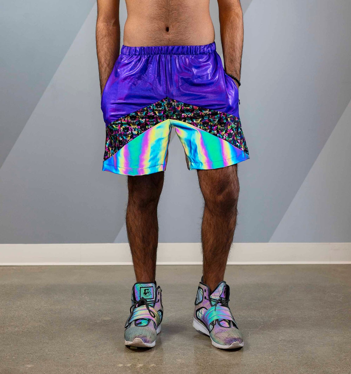 Mens Festival Shorts with Zipper Pockets holographic Skull | Etsy