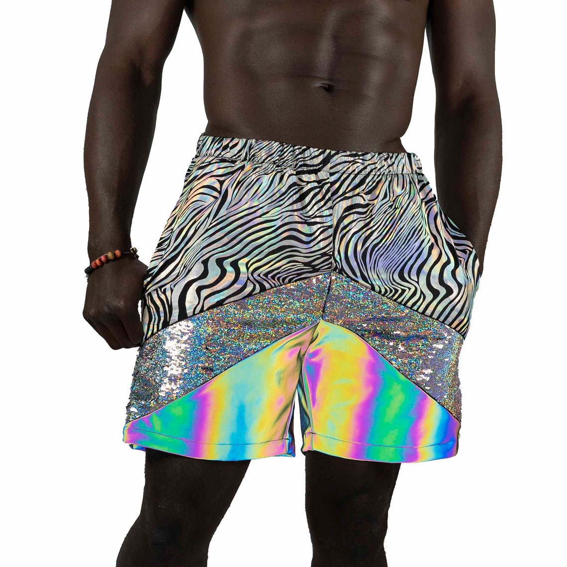 Mens Silver Reflective Shorts, Holographic Sequin Festival Shorts ...