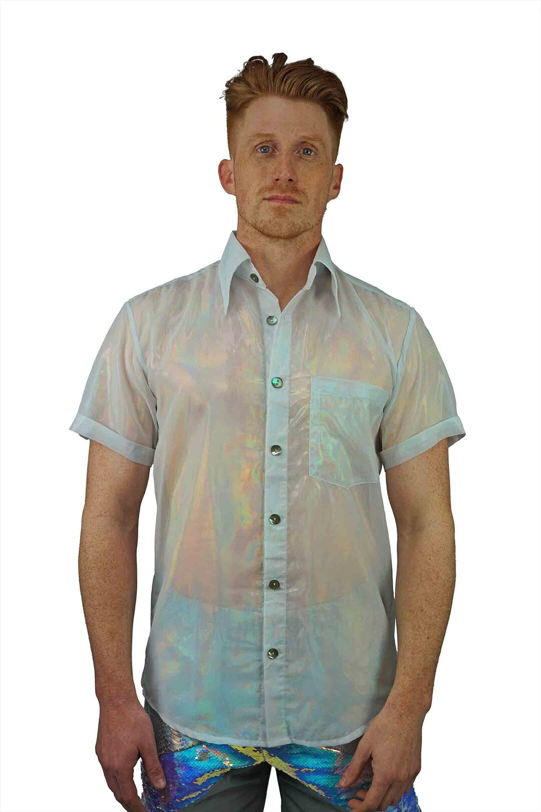 White Button up Shirt Holographic Shirt Casual Button Down Shirt ...