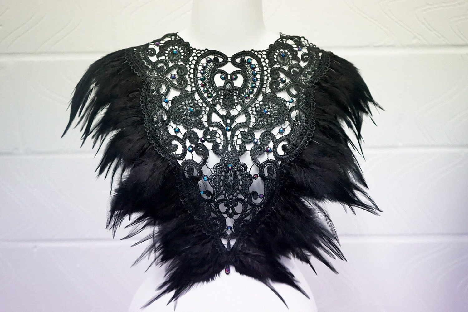 Black Lace Feather Bralette Rhinestone Embellished Top, Festival Rave ...