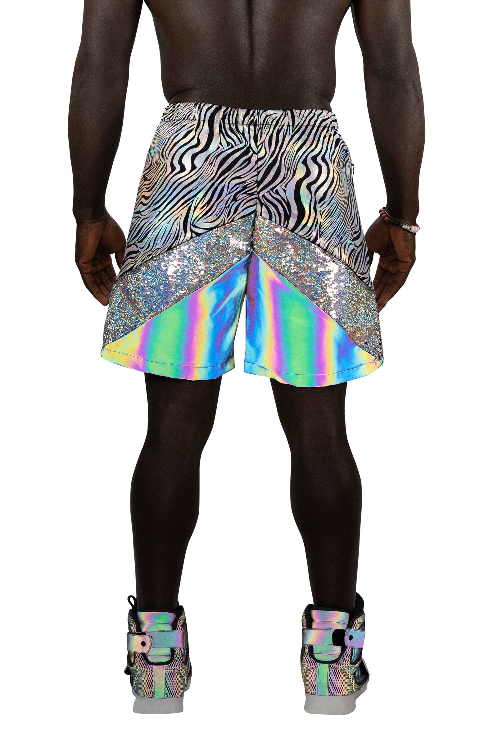 Zebra Print Holographic Shorts Reflective Shorts EDC Outfit Sparkly ...