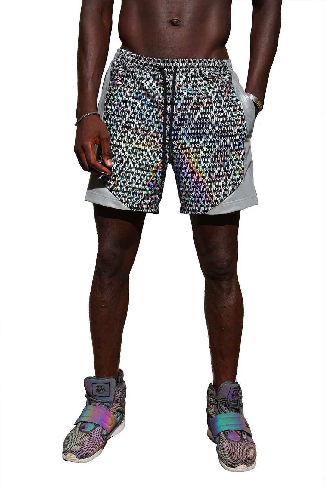 Rave Outfit Men Cyberpunk Shorts Silver Reflective Rave Men Shorts ...